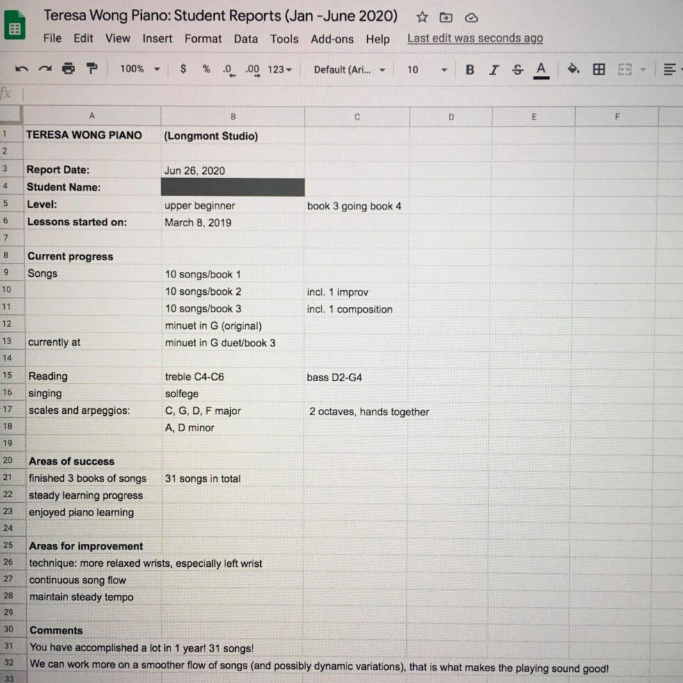 Piano Student Report – Music on Wings